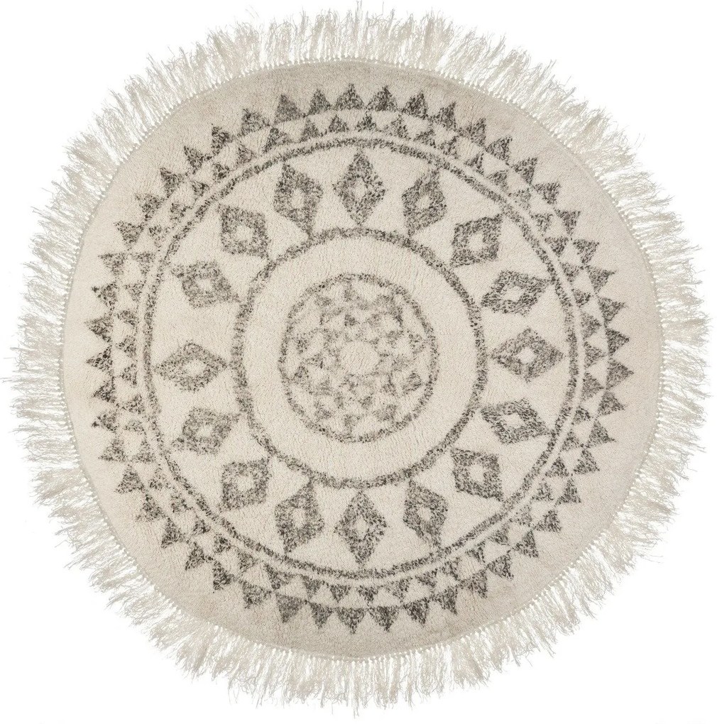 Kulatý koberec, etnické vzory s třásněmi, bavlněný,  O 120 cm, bežový