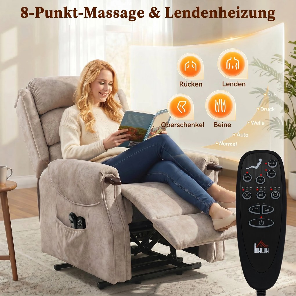 HOMCOM Televizní křeslo s pomocí při vstávání, elektrické relaxační křeslo s vibrační masáží, teplem a funkcí ležení, světle šedá