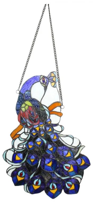 Závěsný Tiffany panel páv Peacock Blue – 34x1x50/70 cm