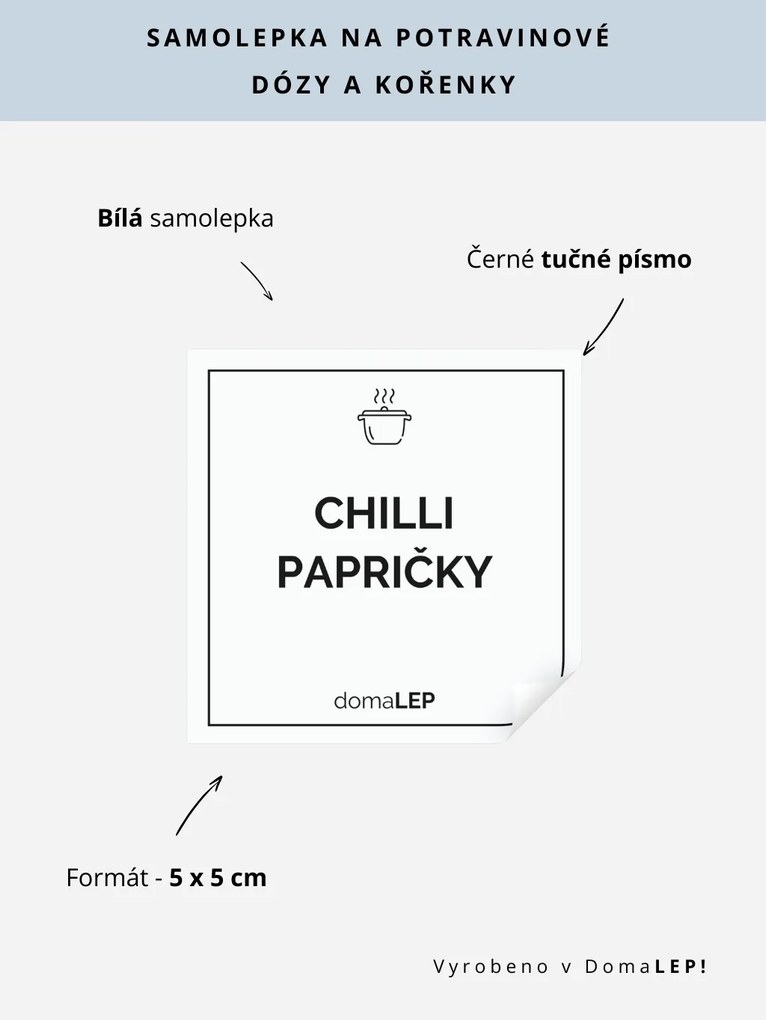 Samolepka na kořenky CHILLI PAPRIČKY bílá 5 × 5 cm tučné písmo