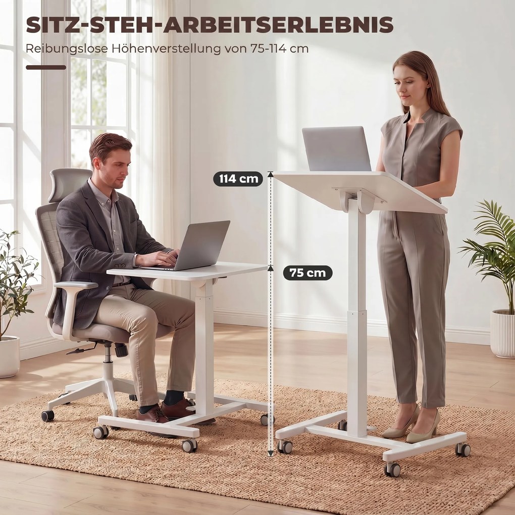 HOMCOM výškově nastavitelný stojací stůl 75–114 cm — mobilní stolík na notebook s naklápěcí deskou, bezpečnostní zarážkou, ocelovým rámem, pneumatick…