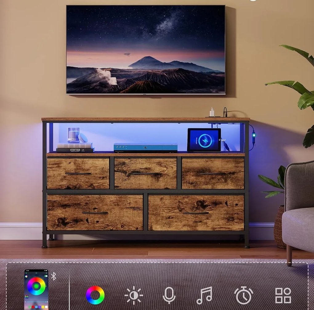 Komoda s LED osvětlením a nabíjecí stanicí Vasagle Mory 98,7 cm hnědá/černá