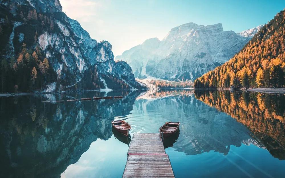 Vícedílný obraz Jezero Braies V Italských Dolomitech 3D Nedostatek Nedostatek Přírodní plátno 240x150