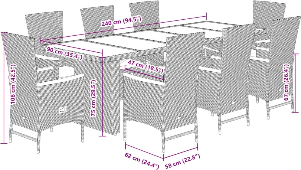 9dílný zahradní jídelní set s poduškami černý polyratan 3277524