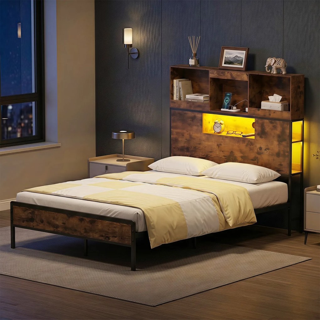 Costway Kovová postel 140 × 220 cm s LED a nabíjením, hnědá