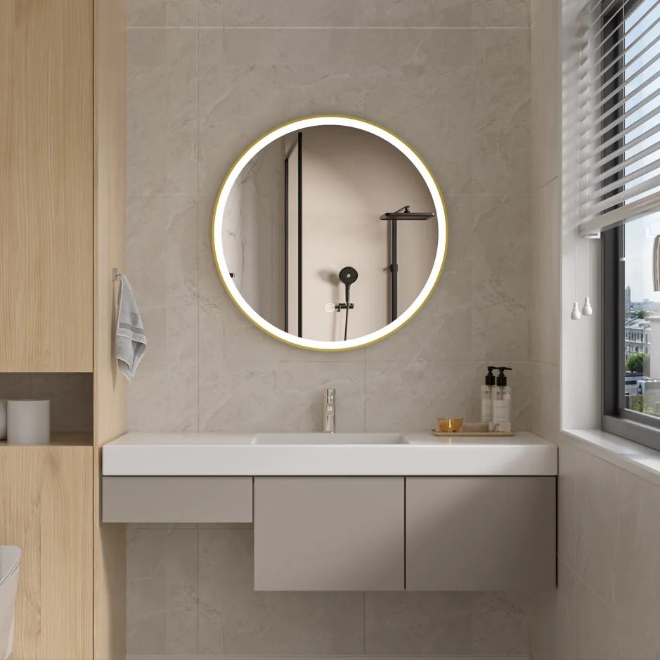 Erga Olivia, kulaté LED zrcadlo 80cm, zlatý kovový rám, 1840 lm, 6500K, přední osvětlení, ERG-V01-202-8080-GD