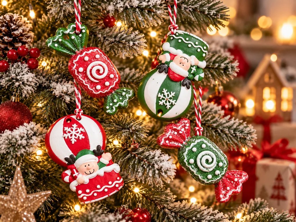 Sada 4 ks vánočních ozdob CANDY ELF 6 cm