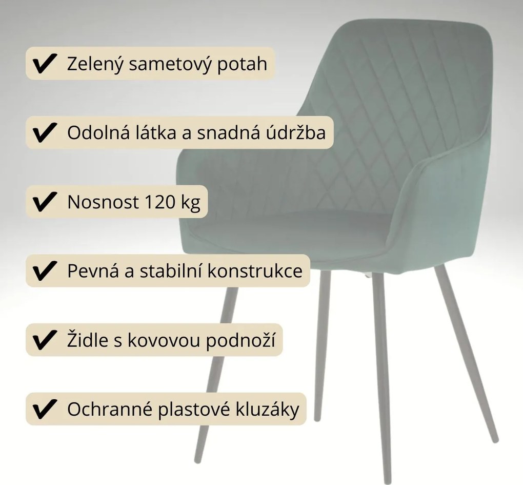 Vikio Jídelní set pro 8 osob 180x90 cm soft dub noha X zelená židle s područkami VJS228-8Z