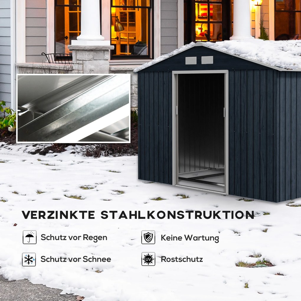 Outsunny kůlna na nářadí zahradní kůlna s rámem podlahy a posuvnými dveřmi ocelová odolná proti povětrnostním vlivům uhlíkově šedá 277 x 195 x 192 cm