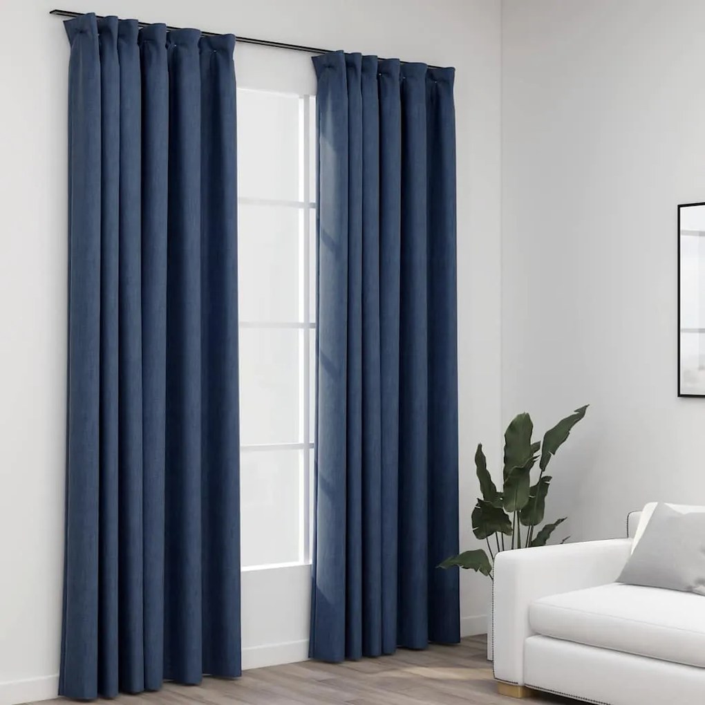Zatemňovací závěsy s háčky vzhled lnu 2 ks modré 140 x 245 cm 321182