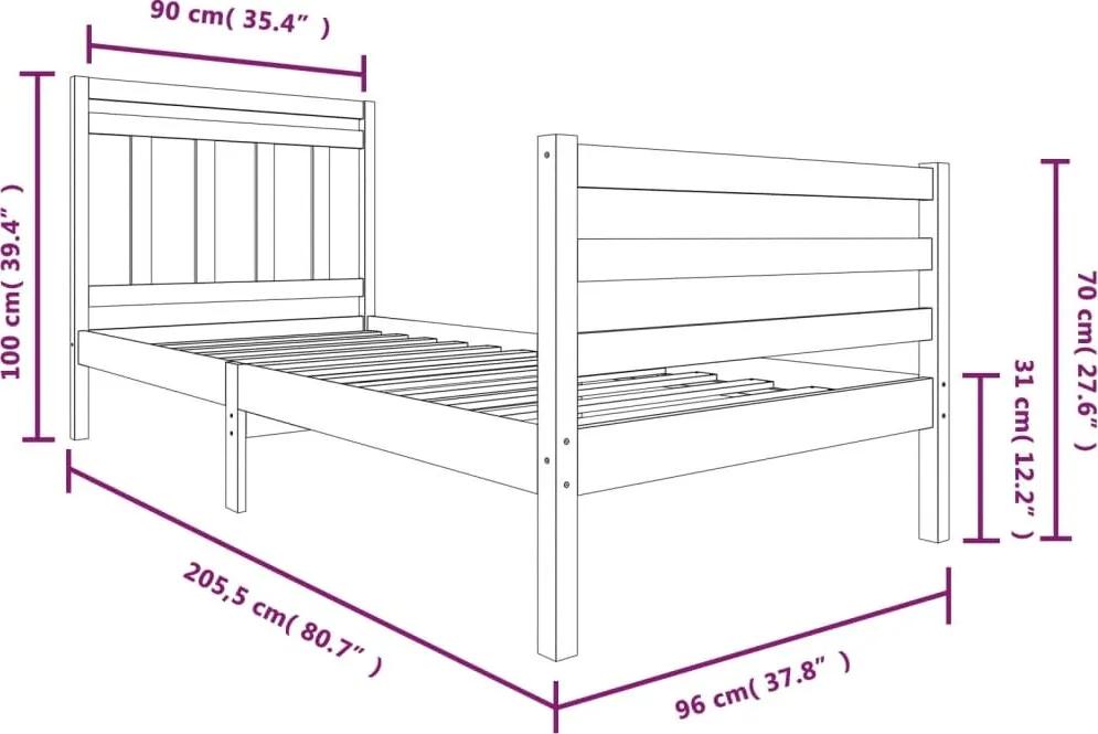 vidaXL Rám postele masivní dřevo 90 x 200 cm [3100640] Barva: Šedá