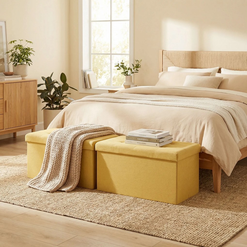 HOMCOM Úložný taburet, skládací úložná lavice 84 L 76x38x38 cm, potah ze syntetického lnu, žlutá