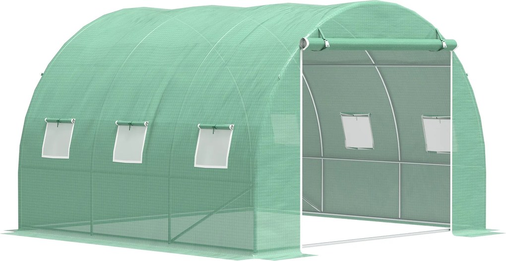 Zahradní skleník Outsunny 9 m², 3 x 2 m, tunelový skleník se zipovými dveřmi a 6 síťovými okny, ocelový rám a vysoce hustý PE, UV-odolný, zelený