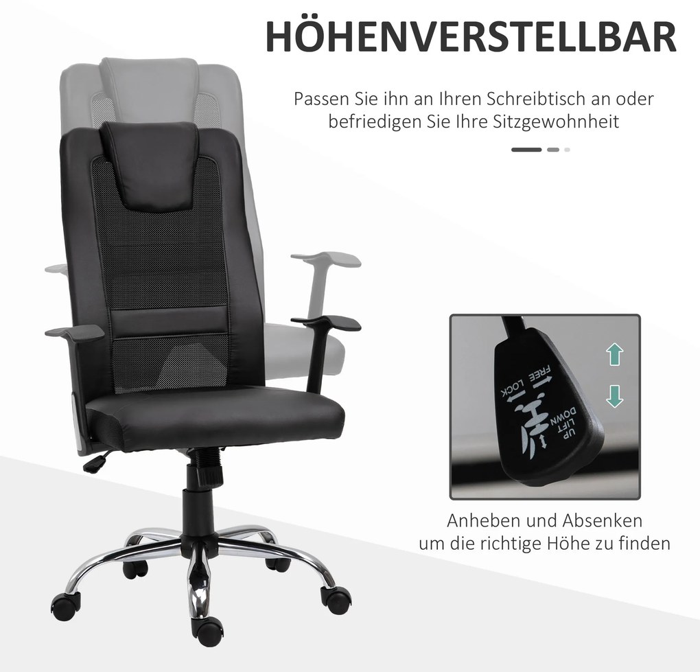 Ergonomická kancelářská židle Vinsetto s nastavitelnou výškou, funkcí houpání a područkami do 120 kg v černé barvě pro pohodlnou práci