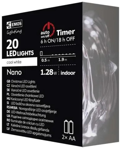 Vánoční osvětlení EMOS D3AC07 ZY1950 20LED nano řetěz stříbrný 1,9m 2xAA studená bílá s časovačem