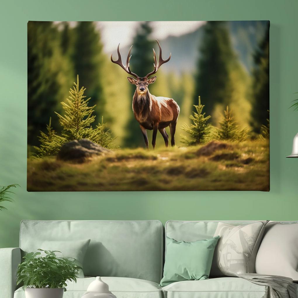 Obraz na plátně - Majestátní jelen mezi malými smrčky FeelHappy.cz Velikost obrazu: 180 x 120 cm