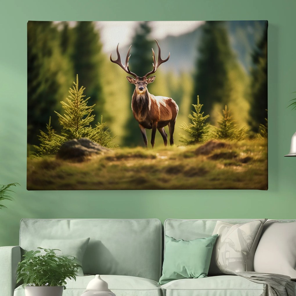 Obraz na plátně - Majestátní jelen mezi malými smrčky FeelHappy.cz Velikost obrazu: 60 x 40 cm