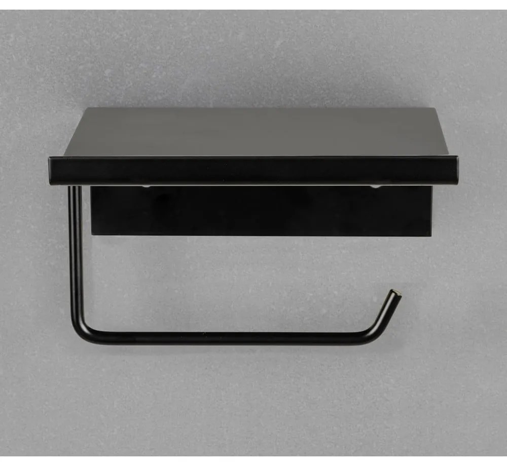 Černý samodržící kovový držák na toaletní papír s poličkou Desulo – Wenko