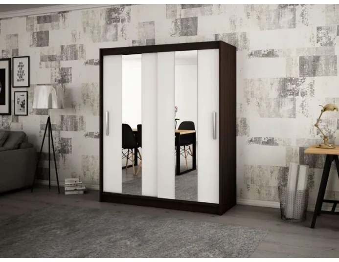 Elegantní šatní skříň se zrcadly na posuvných dveřích Alice 200 v barvě wenge-bílá