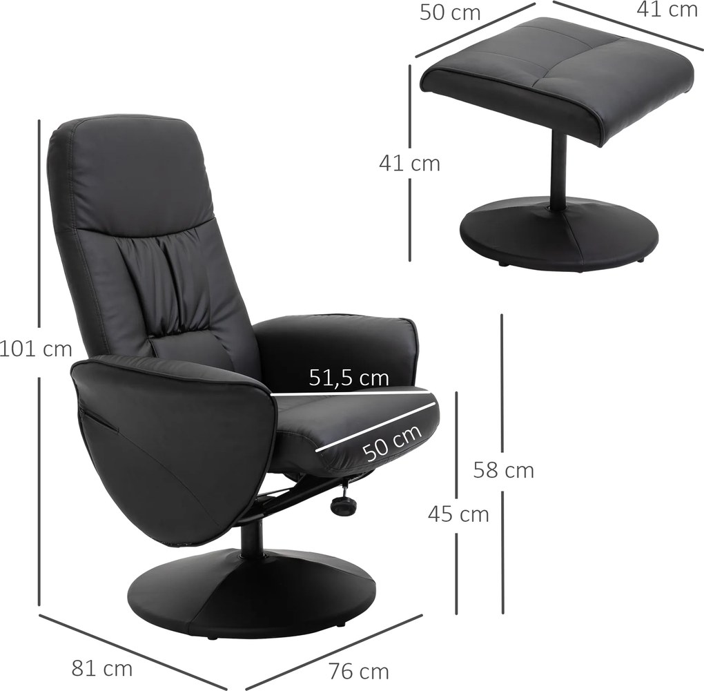 Křeslo HOMCOM do obývacího pokoje s podnožkou, čalouněné PU, sklopné až do 145° a otáčivé o 360° s nastavitelným opěradlem pro obývací pokoj, ložnici…