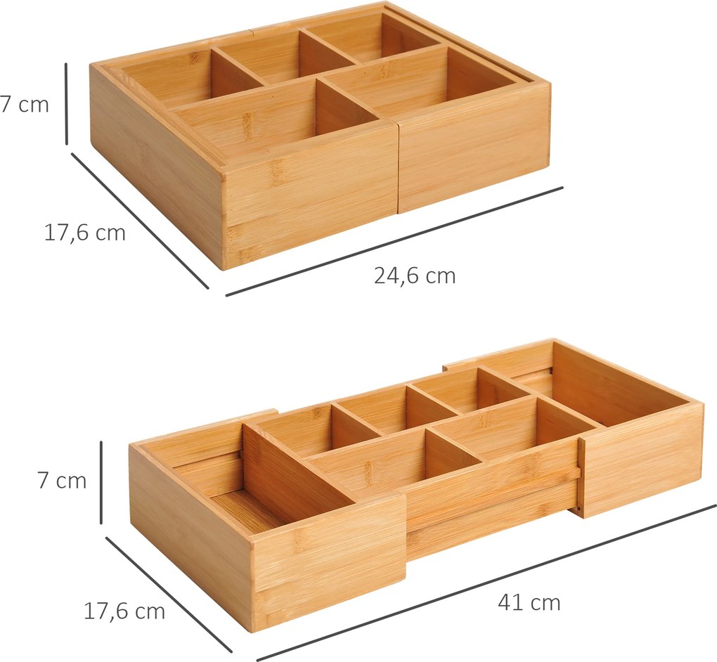 HOMCOM Úložný box Organizér box zásuvky, výsuvný organizér, bambus, přírodní, 24,6 x 17,6 x 7 cm| Aosom