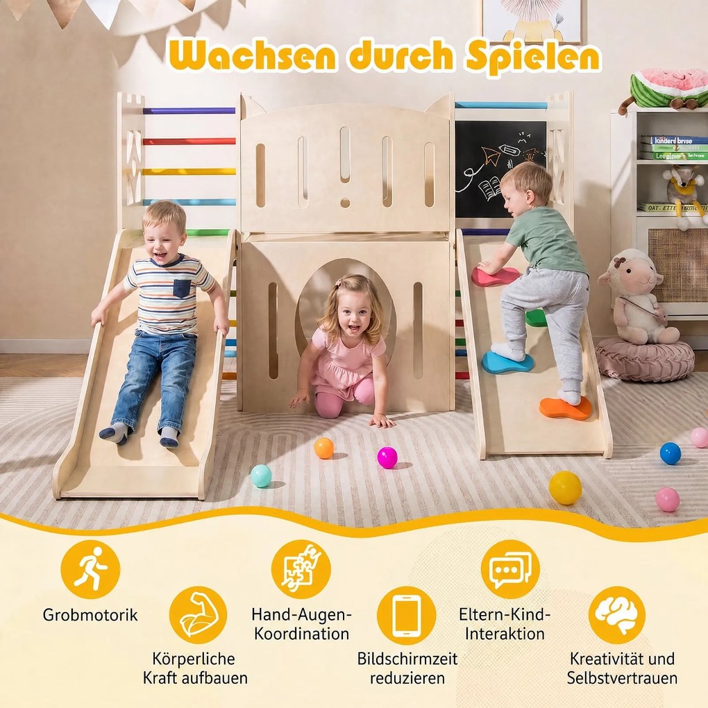 Costway 8-in-1 Vnitřní hřiště Dřevo se skluzavkou Lezecký žebřík Lezecká rampa
