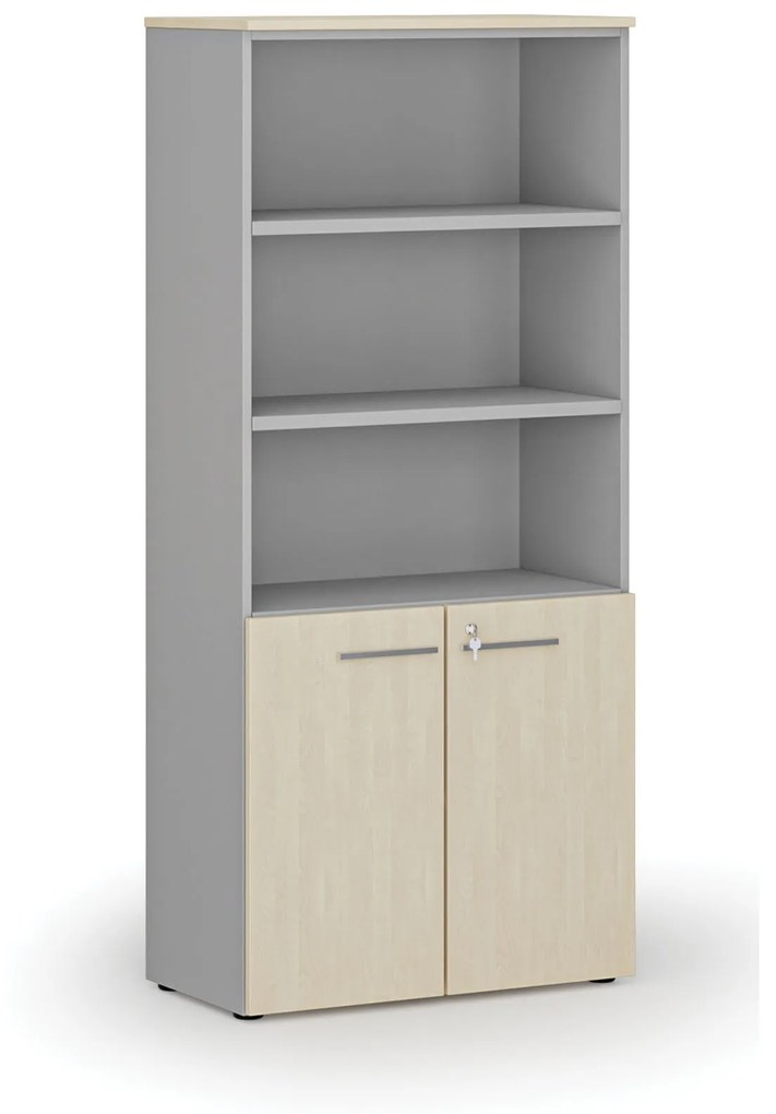 Kombinovaná kancelářská skříň PRIMO GRAY, dveře na 2 patra, 1781 x 800 x 420 mm, šedá/bříza