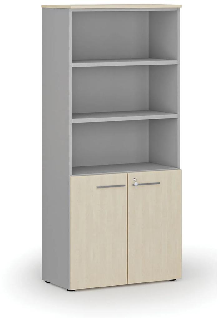 Kombinovaná kancelářská skříň PRIMO GRAY, dveře na 2 patra, 1781 x 800 x 420 mm, šedá/ořech