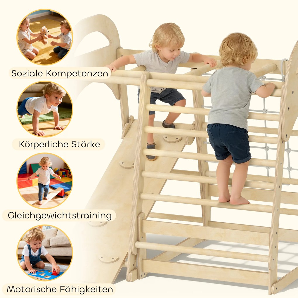 AIYAPLAY Vnitřní horolezecká konstrukce, 6v1 design, skluzavka, lezecké tyče, lezecká stěna, žebřík, lezecká síť, 3-6 let, dřevo