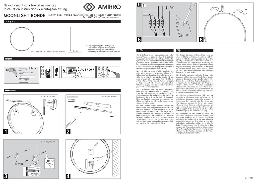 AMIRRO Zrcadlo na zeď chodbu do pokoje ložnice koupelny předsíně kulaté MOONLIGHT kruh průměr 60 cm s LED podsvíceným okrajem po celém obvodu 411-040