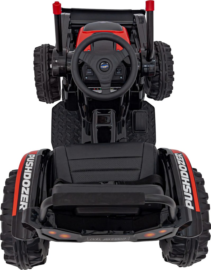 Ramiz Dětský bagr-traktor na baterie červený + pohyblivé rameno s lžící + dálkové ovládání + pomalý start + FM rádio + LED