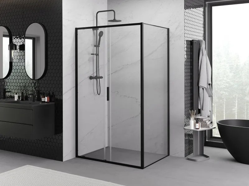 Mexen Exo, posuvná sprchová kabina, dveře 170 cm + boční stěna 80 cm, transparentní sklo, černá, 8151-170-080-70-00