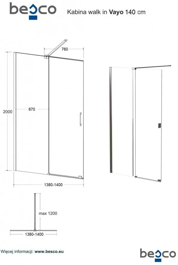 BESCO Walk-in sprchový kout VAYO BARVA rámu - Chrom/Leštěný hliník (ALU), Rozměr A - 140 cm, Rozměr C - 200 cm, Směr zavírání - Univerzální Levé / Pravé, Výplň - Čiré bezpečnostní sklo - 8 mm BCVAYO140CC