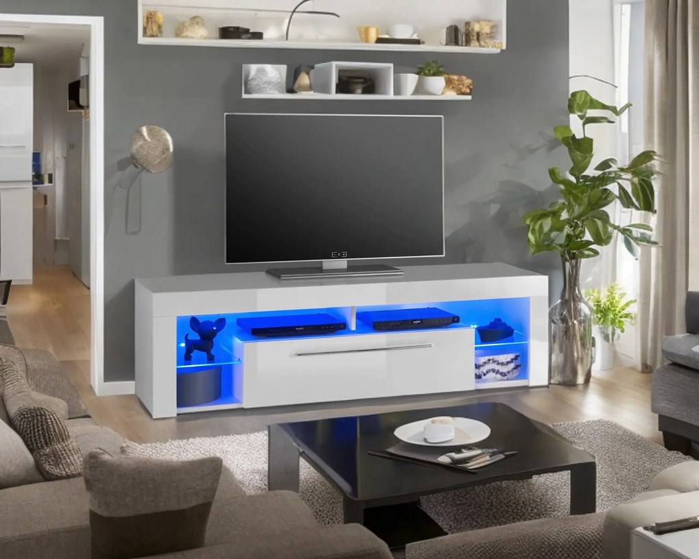 TV stolek ZAIRA s osvětlením; bílý lesk