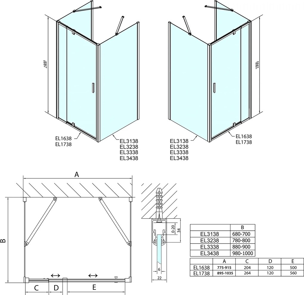 Polysan Polysan, EASY sprchový kout tři stěny 800-900x900mm, pivot dveře L/P varianta, sklo Brick, EL1638EL3338EL3338