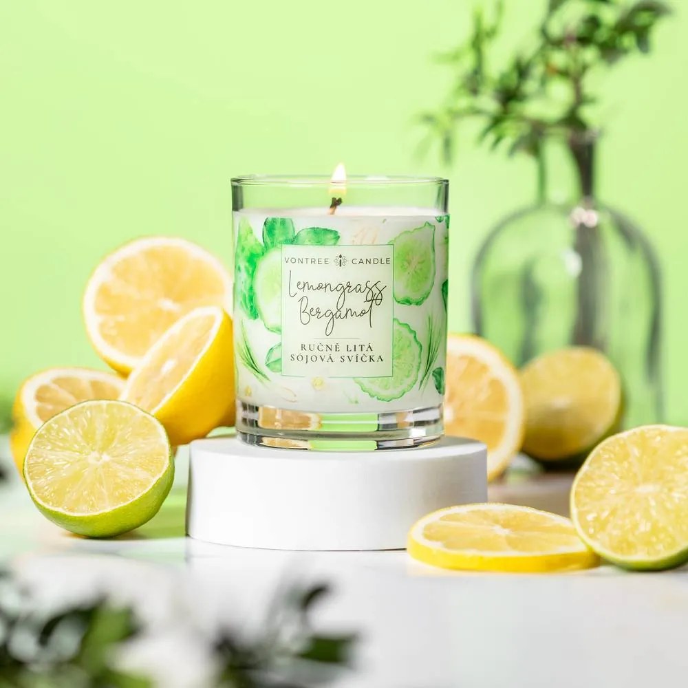 Sójová svíčka VONTREE CANDLE Citronová tráva a Bergamot | 175 g Typ víčka: Dřevěné víčko