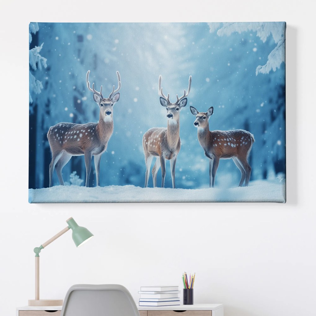 Obraz na plátně - Mladí jelínci s laní v zimní krajině FeelHappy.cz Velikost obrazu: 40 x 30 cm