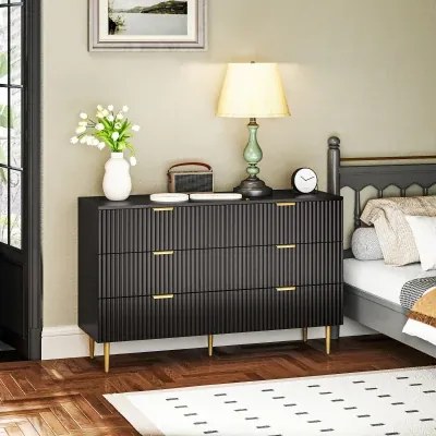 HOMCOM moderní komoda se 6 zásuvkami se zlatými úchyty, 120x40x76,5 cm, černá