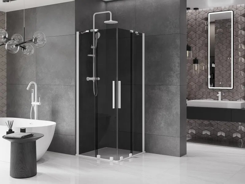 Mexen Velar Duo, sprchový kout s posuvnými dveřmi 90 x 90 cm, 8mm šedé sklo, bílá matná, 871-090-090-42-20