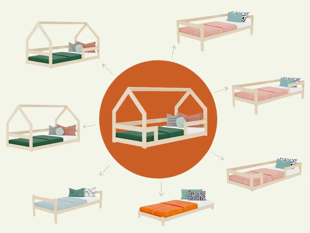 Benlemi Nízká postel domeček SAFE 8v1 ze dřeva se zábranou Zvolte barvu: Béžová, Zvolte rozměr: 90x160 cm, Zvolte zábranu: S otevřeným vstupem