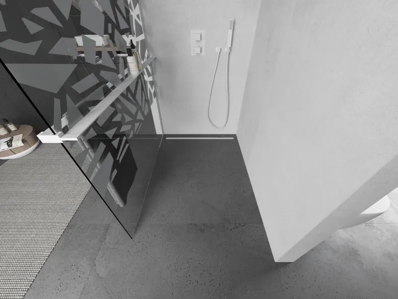 Mexen Kioto+ L, sprchová zástěna Walk-In s poličkou a věšákem 100 x 200 cm, 8mm čiré sklo bílý vzor, bílý profil, 800-100-123-20-85