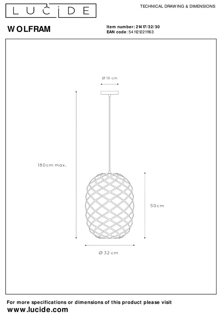 Lucide 21417/32/30 závěsné svítidlo Wolfram černé, E27, ø32cm