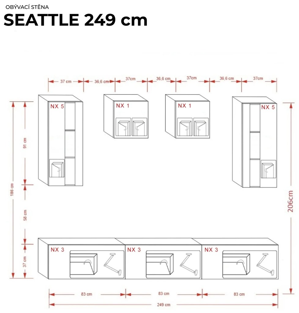 Ral Obývací stěna SEATTLE 4, 249 cm - Černo/bílý lesk