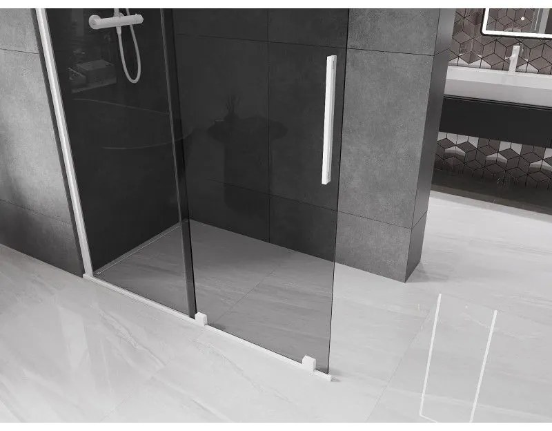 Mexen Velar, sprchová zástěna s posuvnými dveřmi Walk-in 150 x 200 cm, 8mm šedé sklo, bílá matná, 871-150-000-43-20