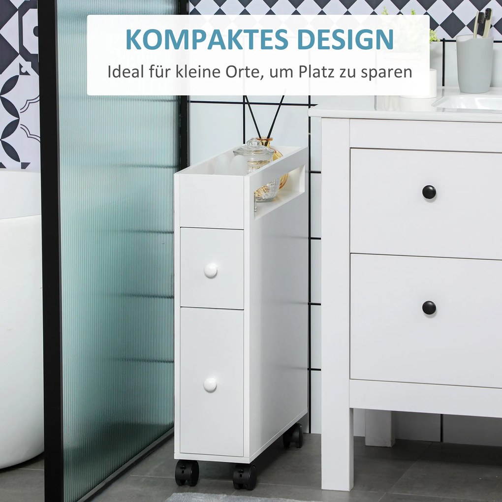 HOMCOM kleankin Koupelnová skříňka Skříňka do niky s kolečky, 2 zásuvky a otevřená přihrádka, koupelnový vozík, bílá, 16x49,5x66cm| Aosom