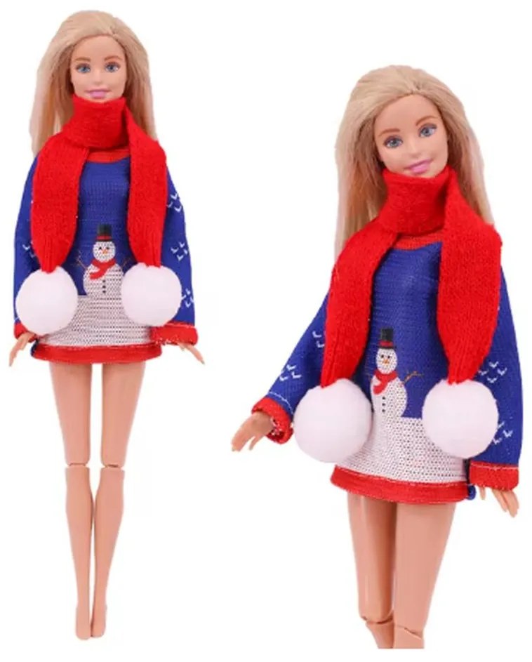 Vánoční oblečení pro panenky Barbie a Kena Varianta: pletené šaty + šála (sněhulák)