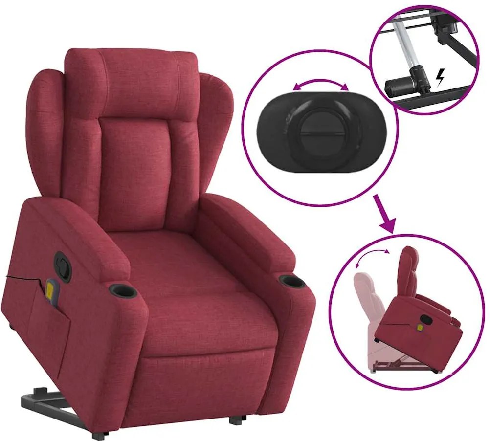 Zvedací masážní polohovací křeslo vínové textil 3204497