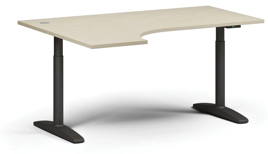 Výškově nastavitelný stůl OBOL, elektrický, 675-1325 mm, rohový levý, deska 1600x1200 mm, černá zaoblená podnož, bříza