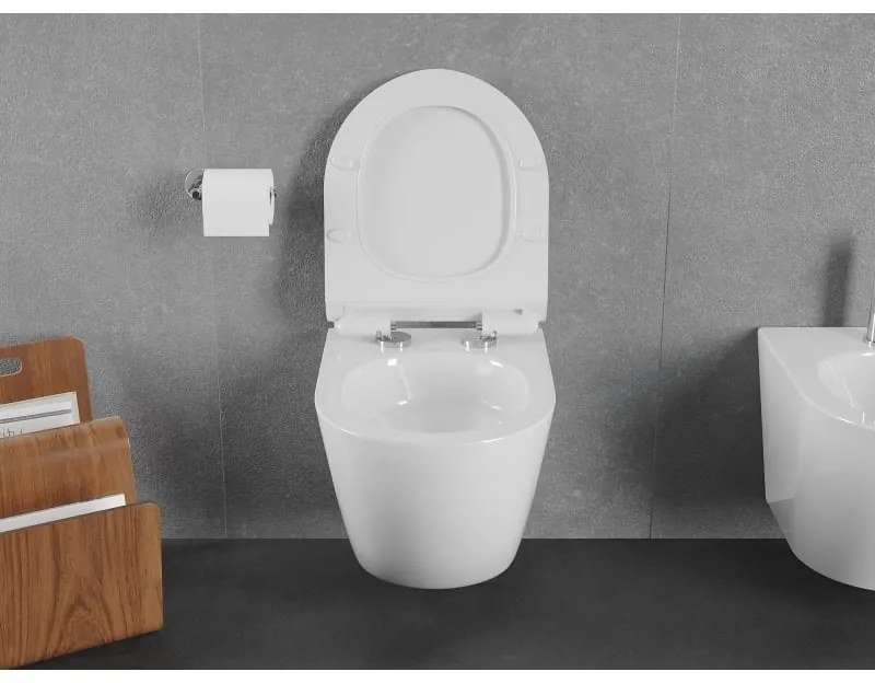 Mexen Lena, závěsná WC mísa 490x360x340 mm, Rimless Tornádo + toaletní WC sedátko z duroplastu, bílá lesklá, 30224000T