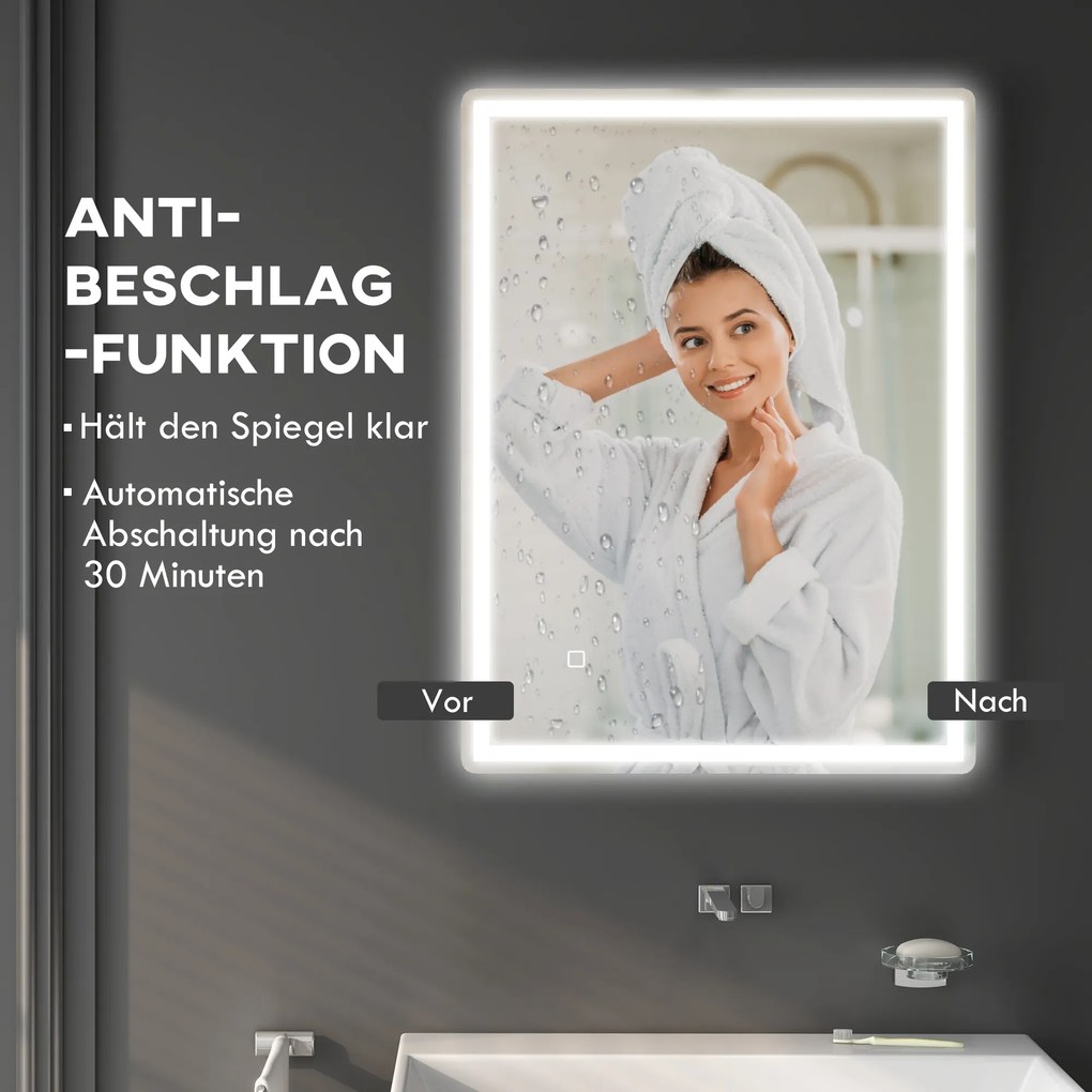 HOMCOM Stmívatelné osvětlené koupelnové zrcadlo 80x60 cm s paměťovou funkcí a povrchem proti zamlžení pro moderní koupelny